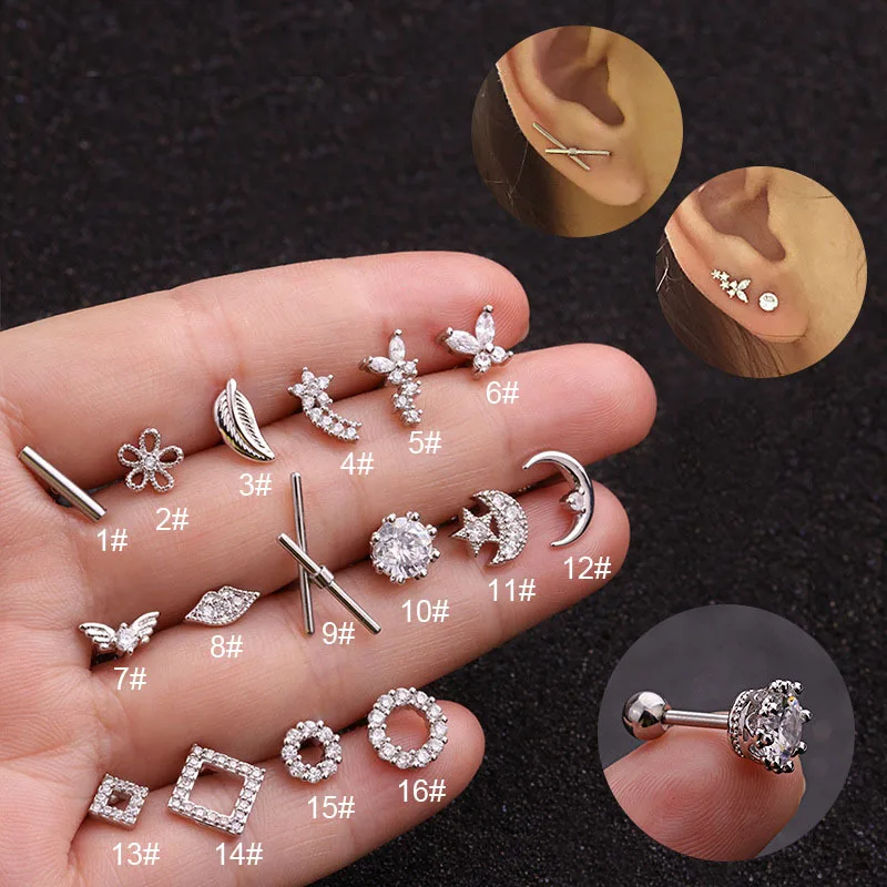 1pc Zircon Stud Earrings For Women Ear Piercing Copper Bar Cartilage ...