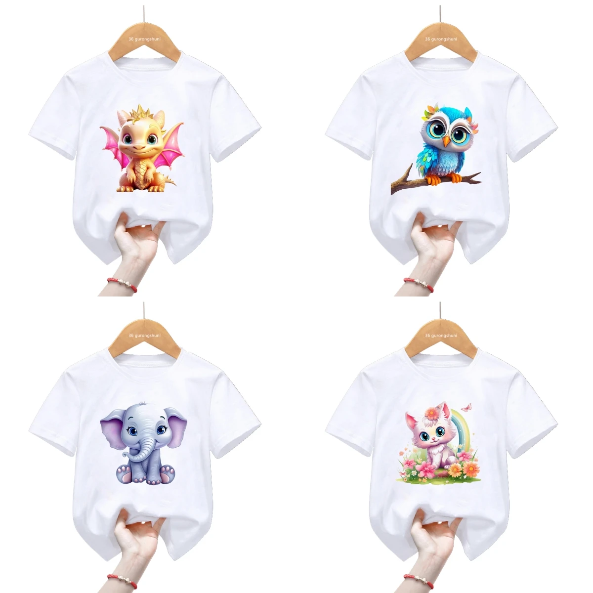 Kawaii-Little-Elephant-Dragon-Dog-Fox-Pink-Owl-T-Shirt-Cartoon-Animals ...