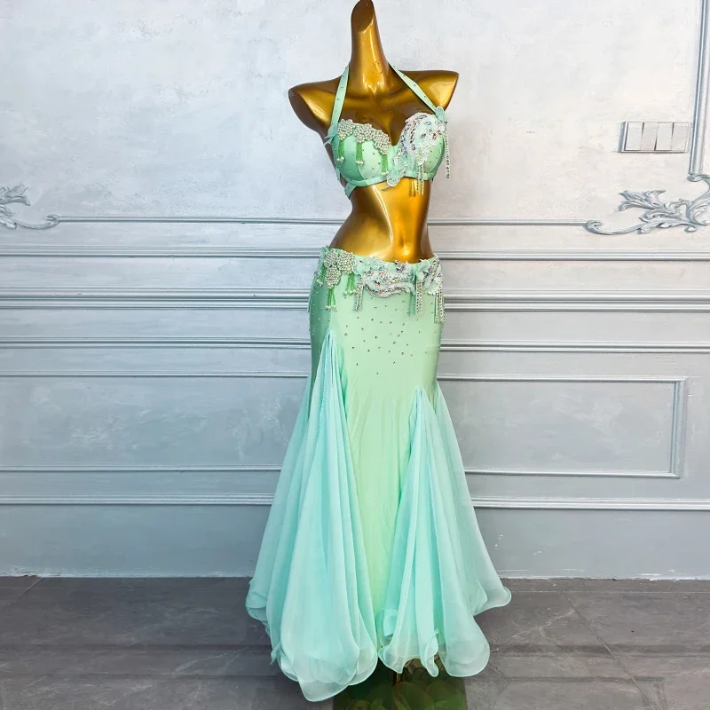 BellyDance Costume Set for Women Luxury Rhinestones Bra+Sexy Split Long ...