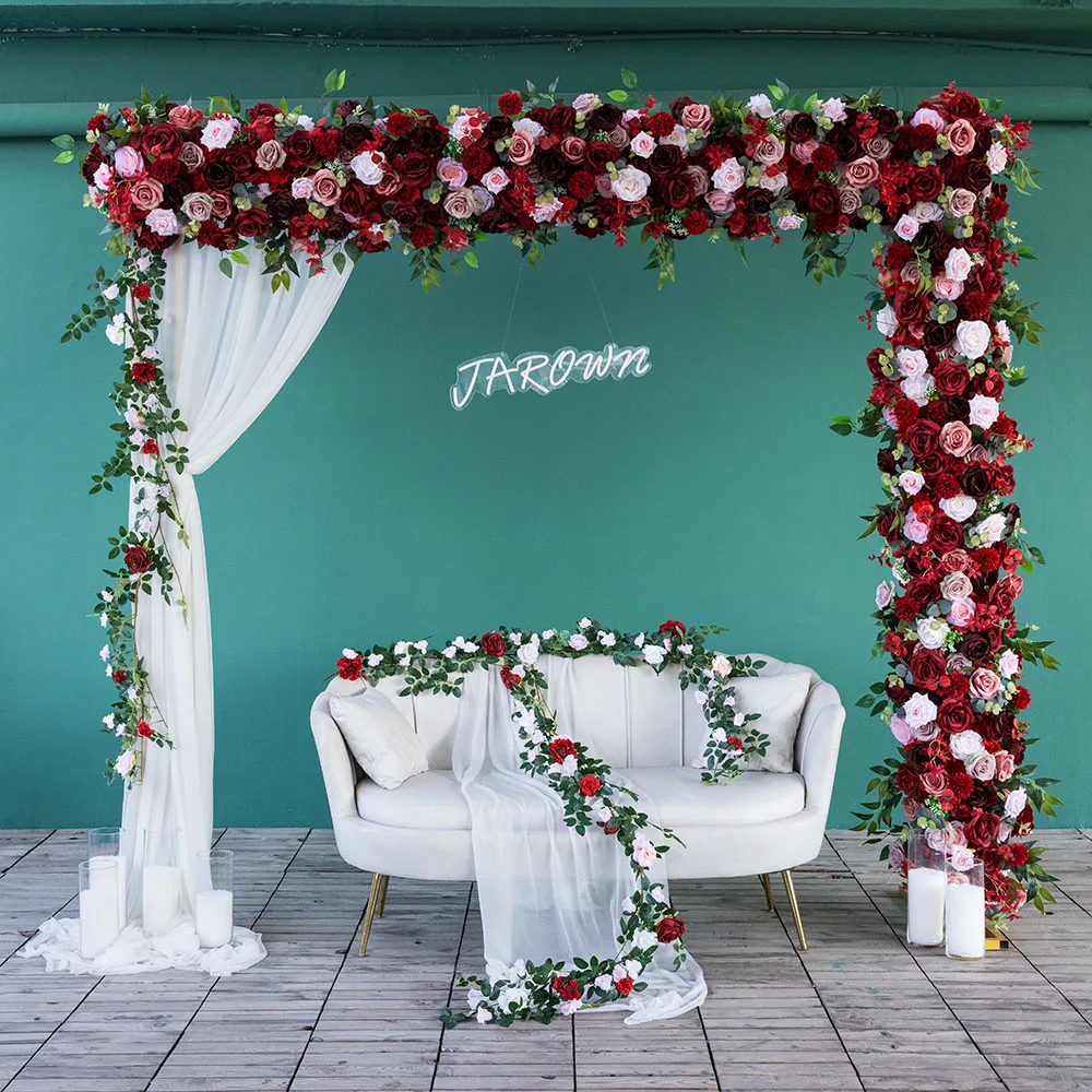 Customized-Red-Burgundy-Pink-Rose-Green-Leaves-Artificial-Flower-Runner ...