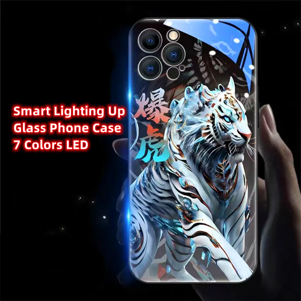 Brave White Tiger Smart LED Light Glow Tempered Glass Phone Case For ...