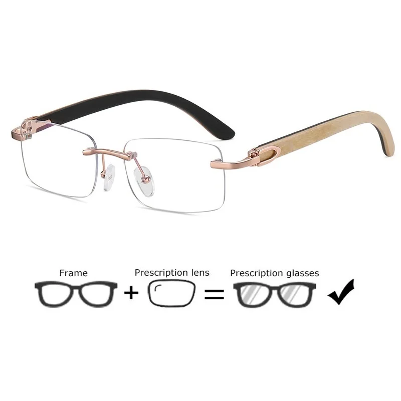 Zerosun-Rimless-Eyeglasses-Frame-Men-Women-Wooden-Temple-Myopia-Glasses ...