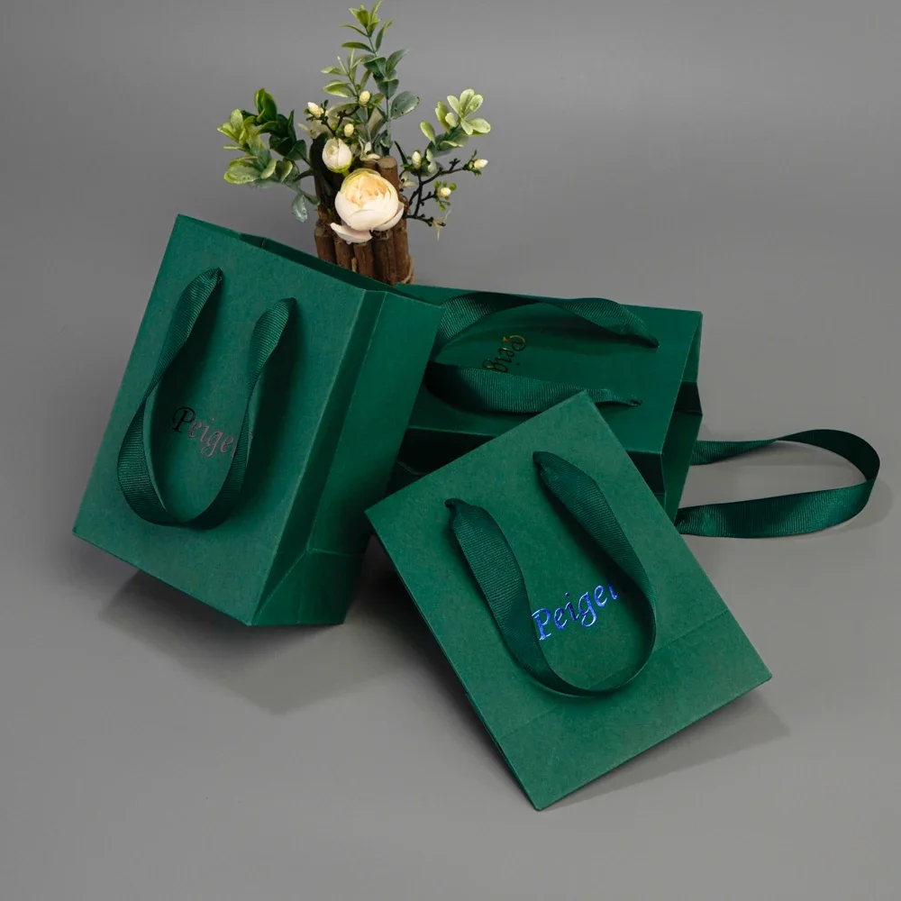 Custom-Logo-Small-Dark-Green-Paper-Tote-Bag-with-Handle-DIY-Party-Gift ...