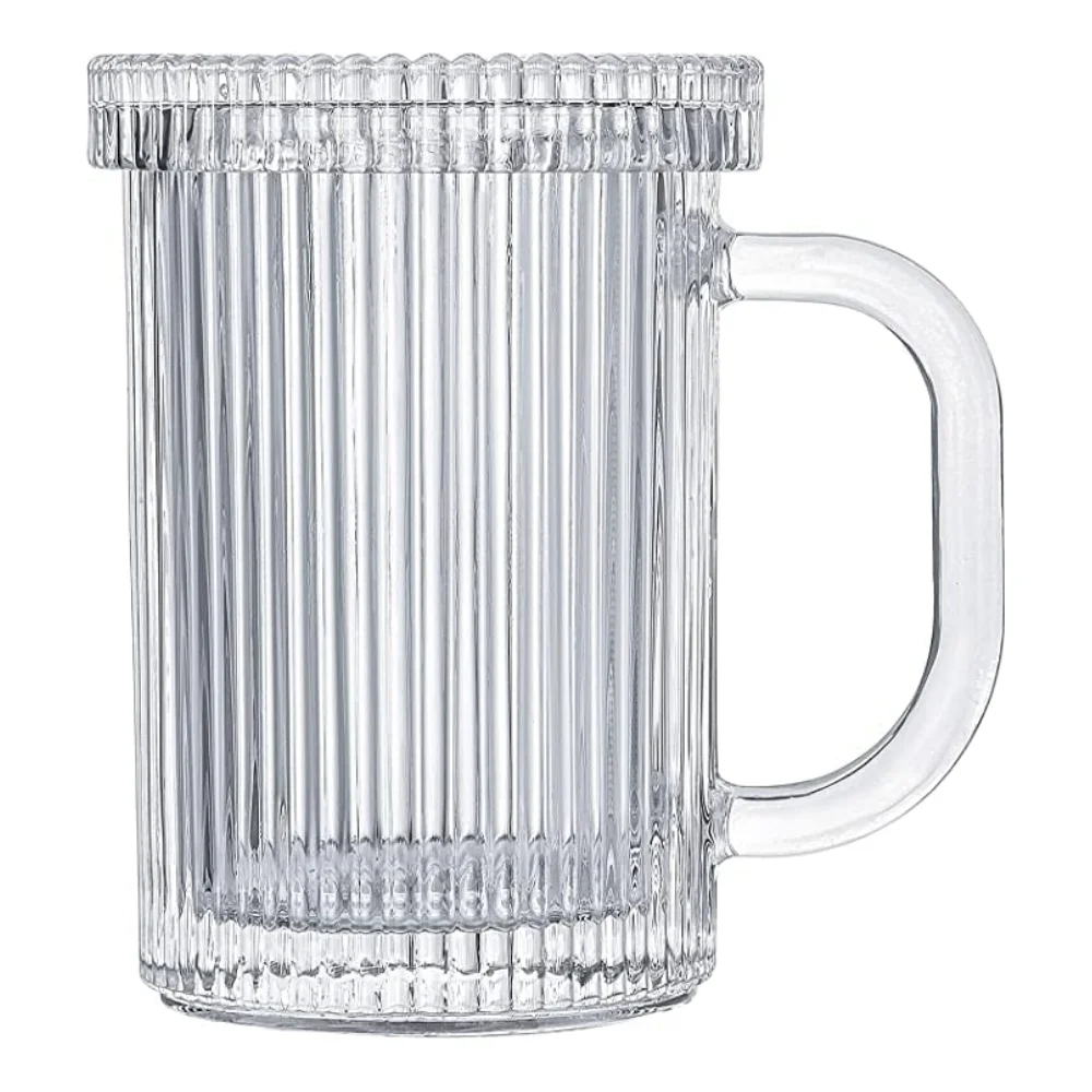 Clear Glass Mug with Lid and Spoon Vertical Stripes Tea Mugs Ribbed ...