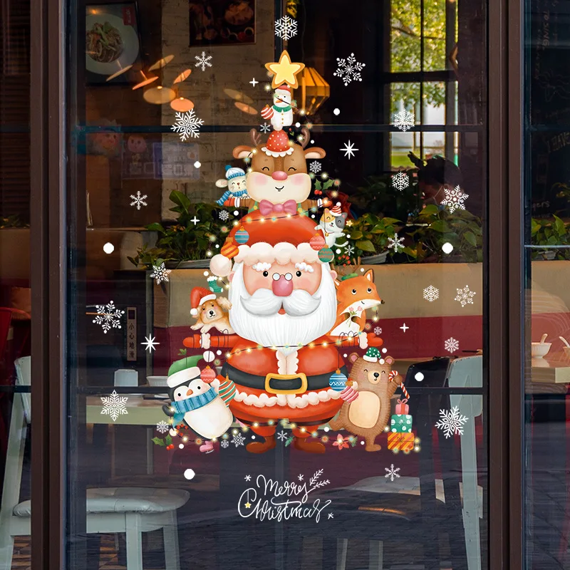 Cartoon Christmas Window Sticker Noel Glass Wall Decor Xmas Tree Static ...