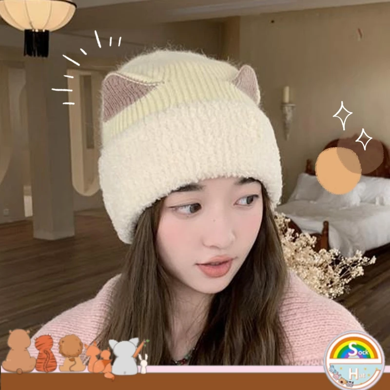 Knitted-Beanie-Hat-with-Erected-Cat-Ears-Women-Cute-Winter-Hat-with-Cat ...