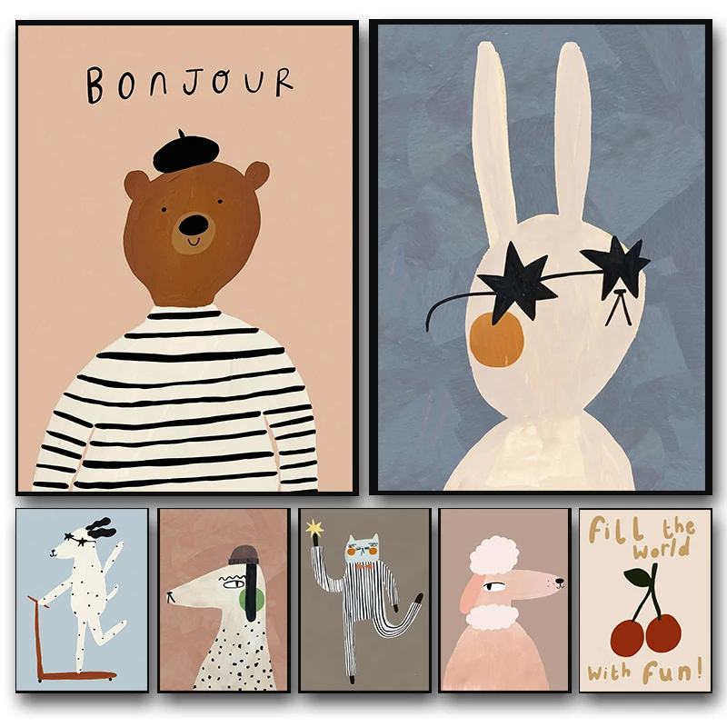 Cartoon Dog Goose Rabbit Bear Mouse Poster Cute Animal Wall Art Canvas ...