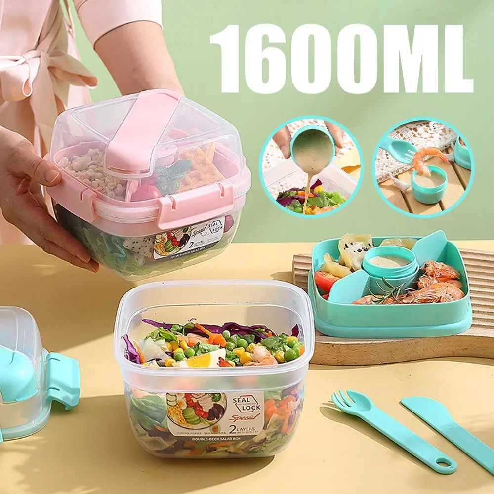 1.6L Portable 2 Layer Lunch Box Fruit Salad Food Storage Container Set ...
