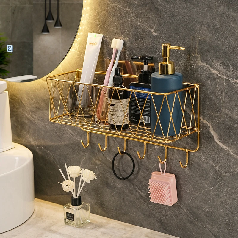 Wall-Mounted-Bathroom-Shelf-No-Punching-Iron-Toiletries-Storage-Rack ...