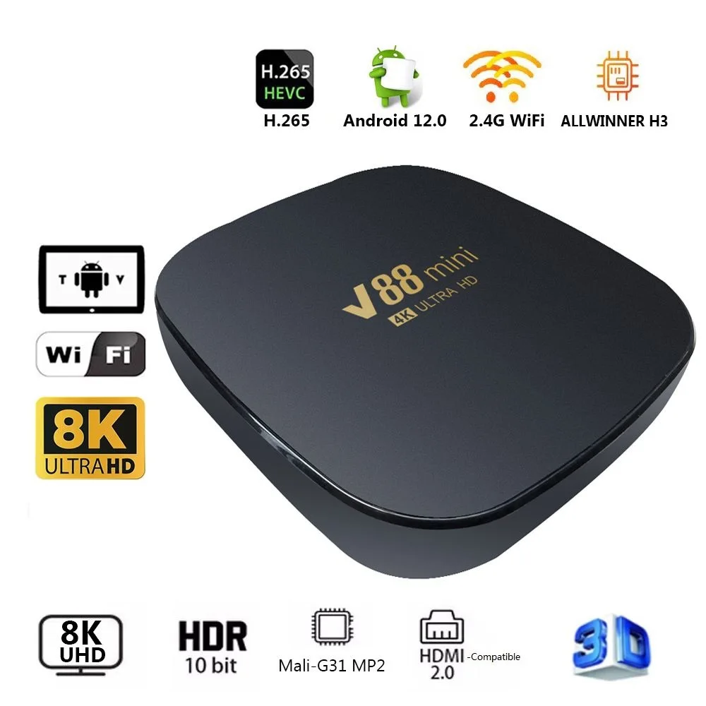 Mini caixa de TV inteligente V88, Android 12, Allwinner H3, Quad Core, 2.4G, WiFi, Set Top Box ...
