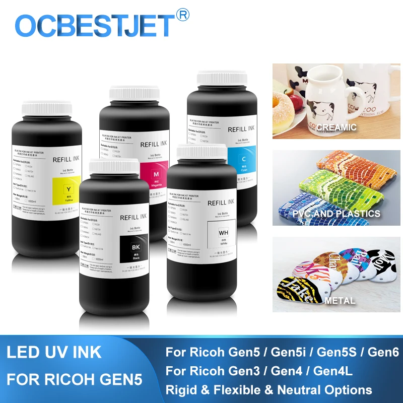 Tinta UV Curable LED para Ricoh, cabezal de impresión rígido, Flexible y Neutral, 5 × 1000ML ...