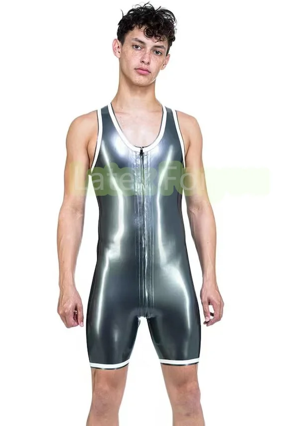 Men's fashion 100% Latex Rubber Leotard with White Trims Unique Short ...