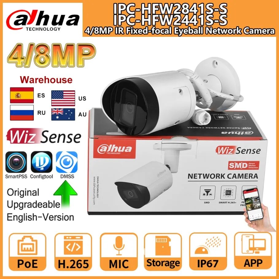 Dahua 8MP IP Camera Bullet 4K IPC-HFW2841S-S 4MP IPC-HFW2441S-S PoE IR Built in MIC SD Card Slot ...