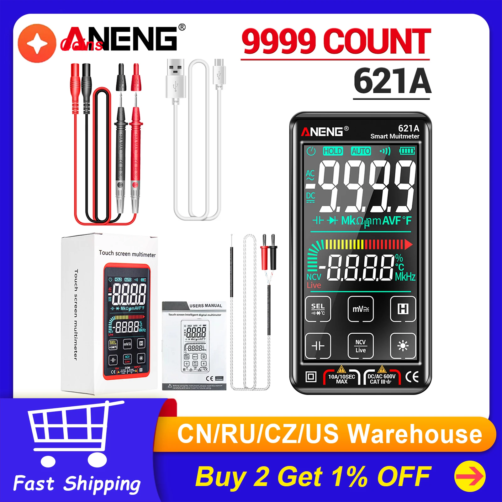 ANENG-621A-Touch-Screen-Intelligent-Digital-Multimeter-9999-Counts-Auto ...