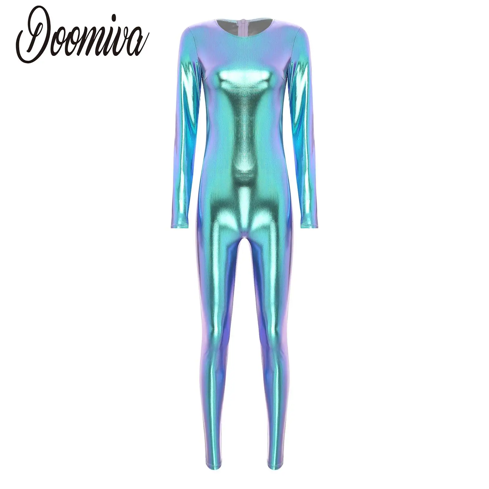 Women-s-Shiny-Metallic-Full-Body-Suits-Unitard-Jumpsuit-Skinny-Back ...