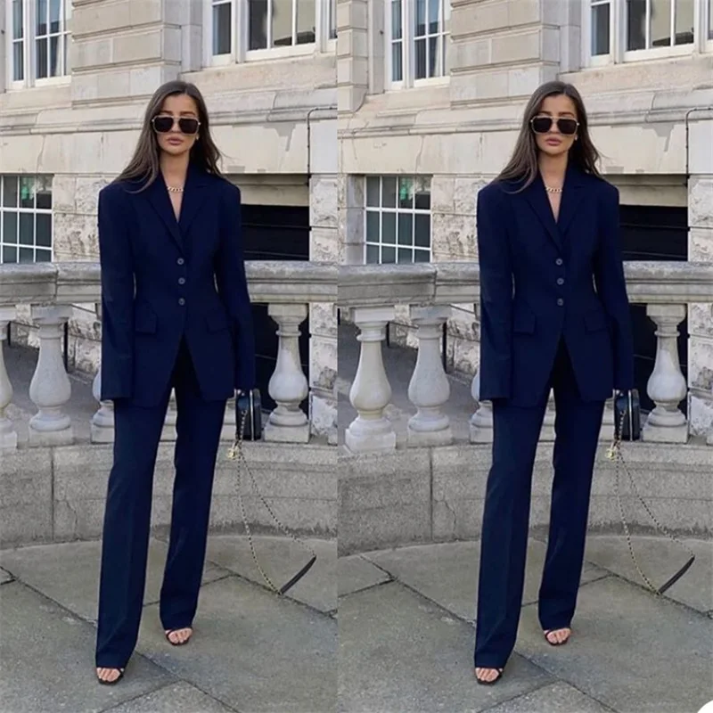 Navy Blue Women Suits Set Fashion Long Sleeves Blazer+pants Custom Made ...