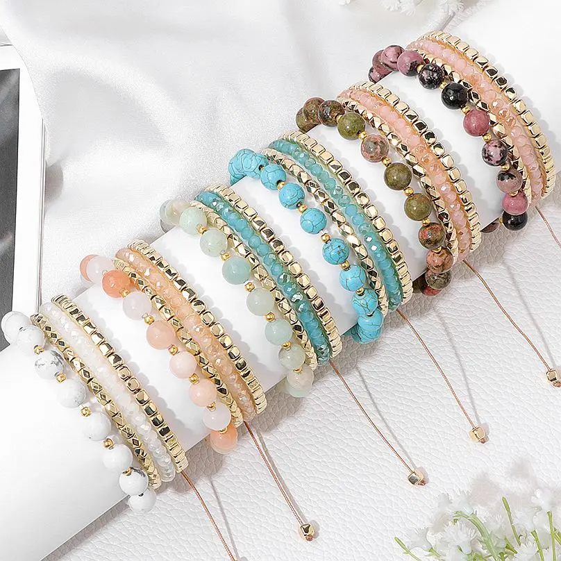 Natural Crystal Stone Bracelets Set 4Pcs Bangles Adjustable Gold Color ...
