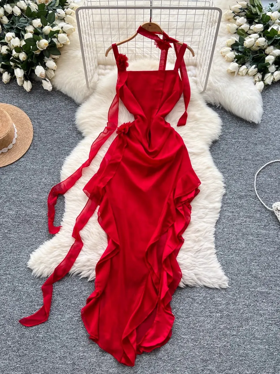 Foamlina Pure Desire 3D Flower Streamer Irregular Split Dress Women's ...
