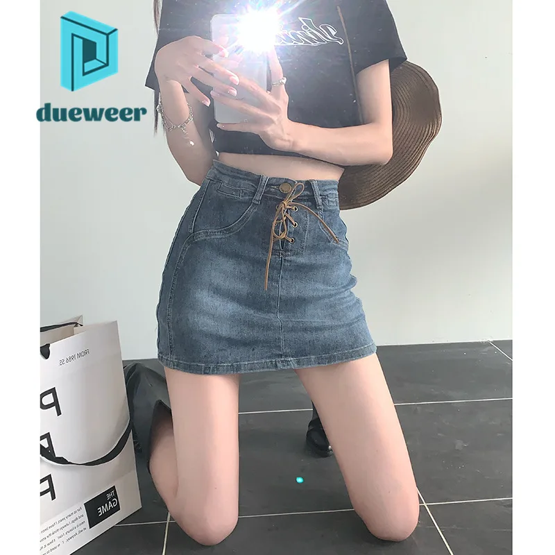 Dueweer Women Summer Retro Mini Sexy Denim Skirt Lace Up High Waist