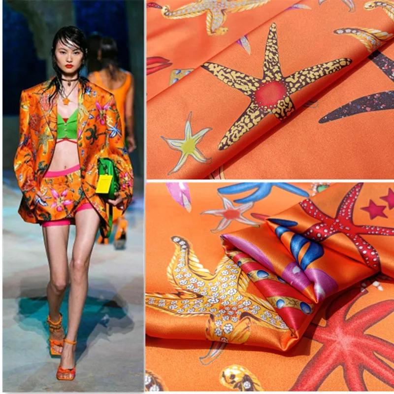 100% polyester stretch fabric dress starfish printed fabric orange thin ...