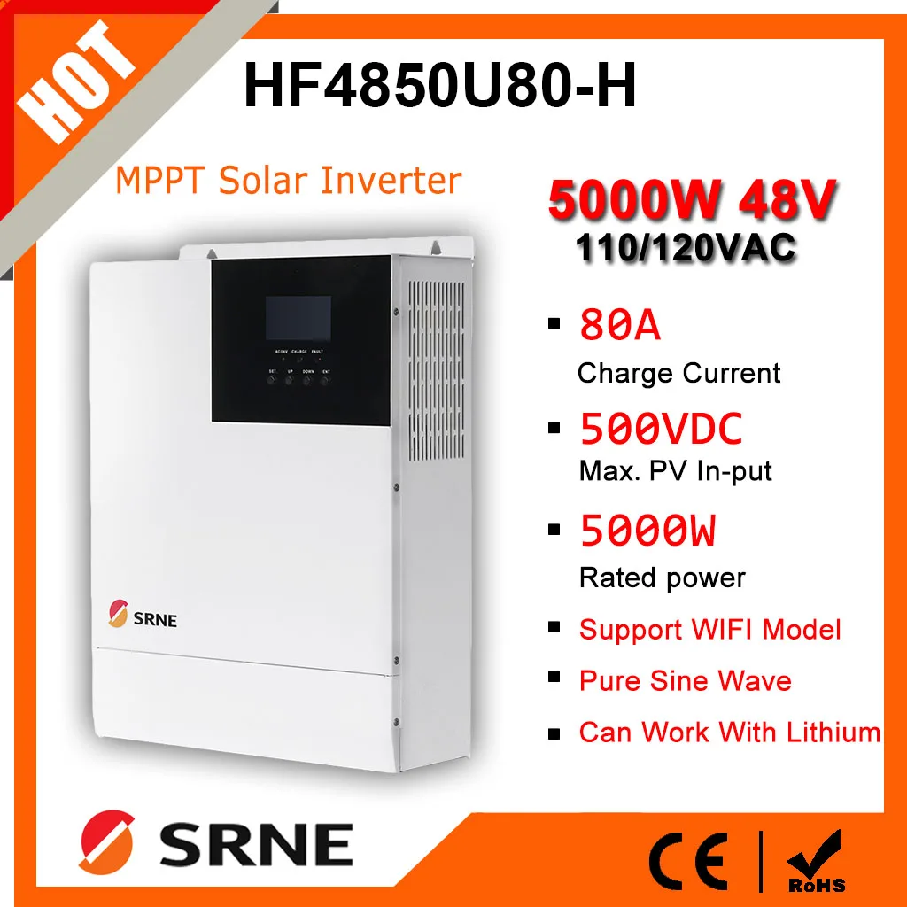 SRNE 5000W 48V Hybrid Inversor Built-in 80A MPPT Solar Charger 110-120Vac PV 500VDC 50Hz/ 60Hz ...