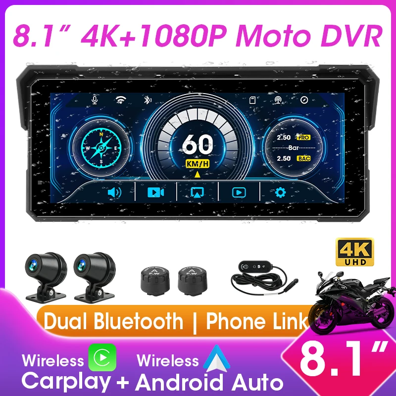 5/8.1 inch Waterproof Motorcycle GPS Navigation 4K Front 1080P Rear ...
