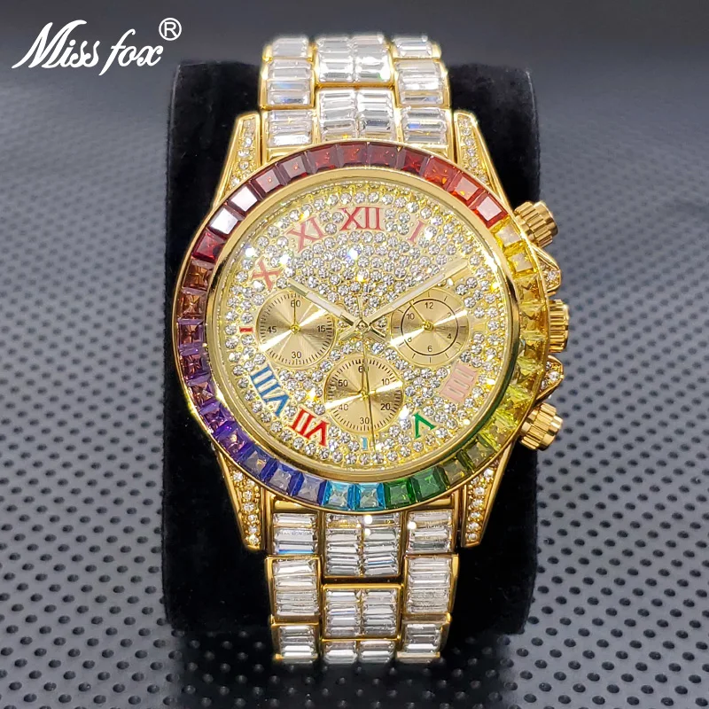 Colorful-Diamond-Bezel-Watch-For-Men-Hip-Hop-Iced-Out-Gold-Plated ...