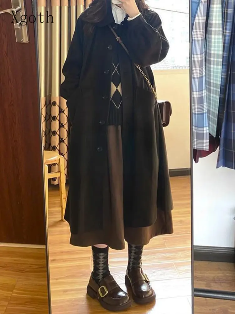 Xgoth Preppy Set Autumn 2022 New Fashion Woolen Trench Coat + Hong Kong ...