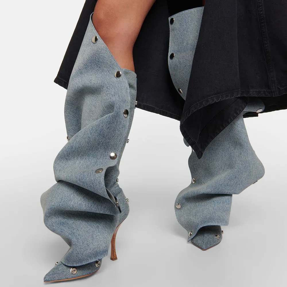 Plus Size 48 Brand Chic Denim Blue Detachable Knee High Boots Women ...