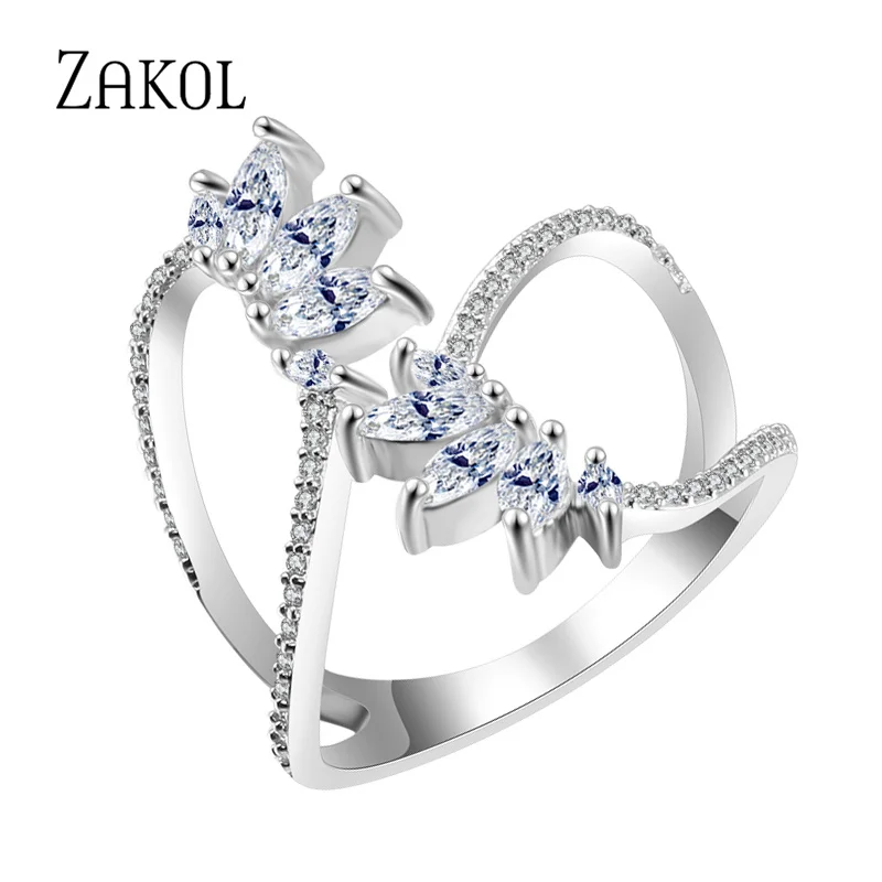 Zakol Cute Style White Color Cz Zirconia Leaf Open Rings Geometric ...
