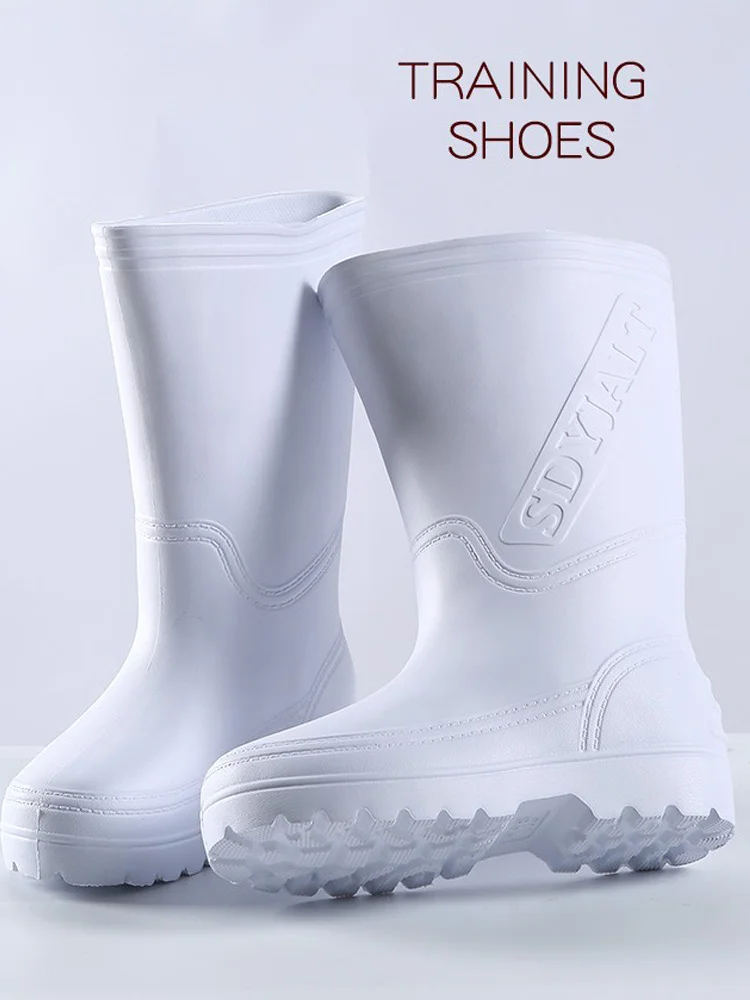 White Cotton-Enhanced Mid-Calf Kitchen Rain Boots Men's Warm Anti-Slip ...