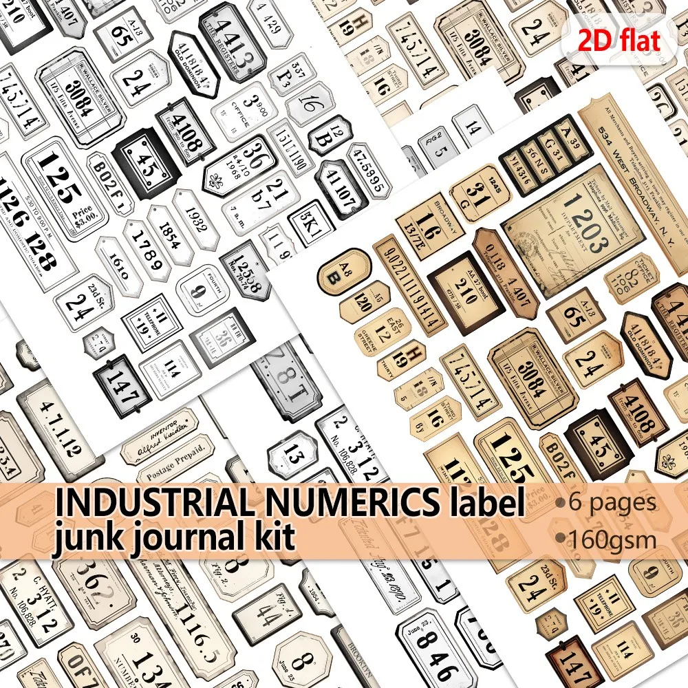 2D flat INDUSTRIAL NUMERICS label junk journal kit ,Folio Booklet Craft ...