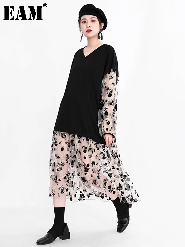 [eam] Women Pattern Printed Perspective Big Size Dress New V-neck Long ...