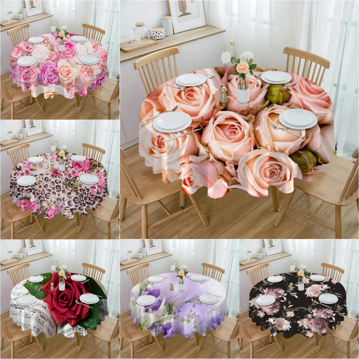 Rose-Pink-Flowers-Round-Tablecloth-Floral-Vintage-Dining-Table-Cloth ...