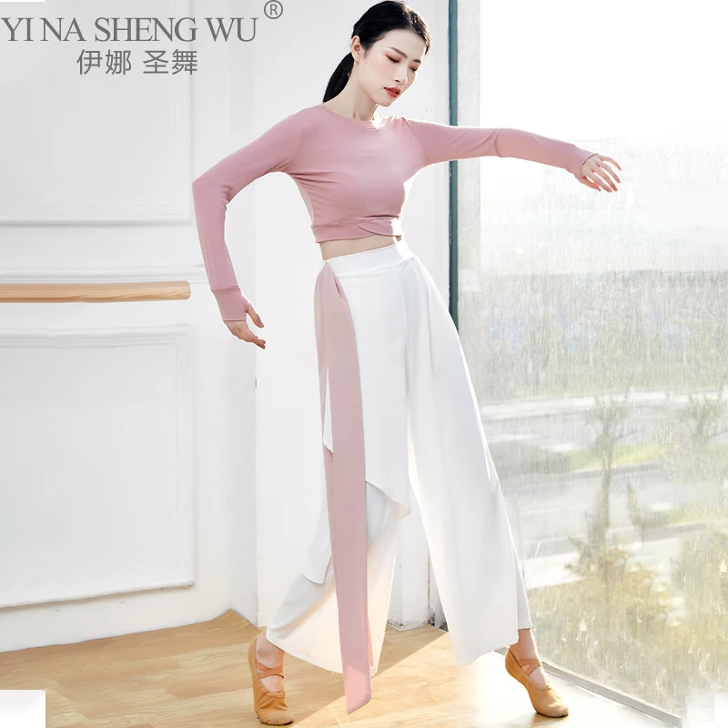 Lady Classical Dance Pant Wide Leg Chiffon Flowy Pants With Long Belt ...