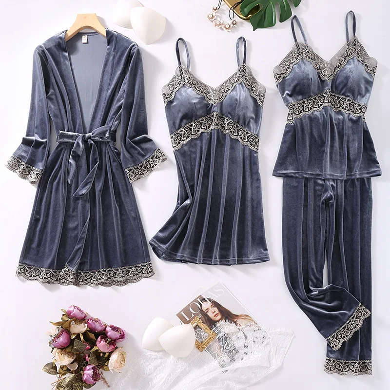 Female-Velour-Thick-Pajamas-Four-Pieces-Set-Sexy-Lace-Trim-Bathrobe ...