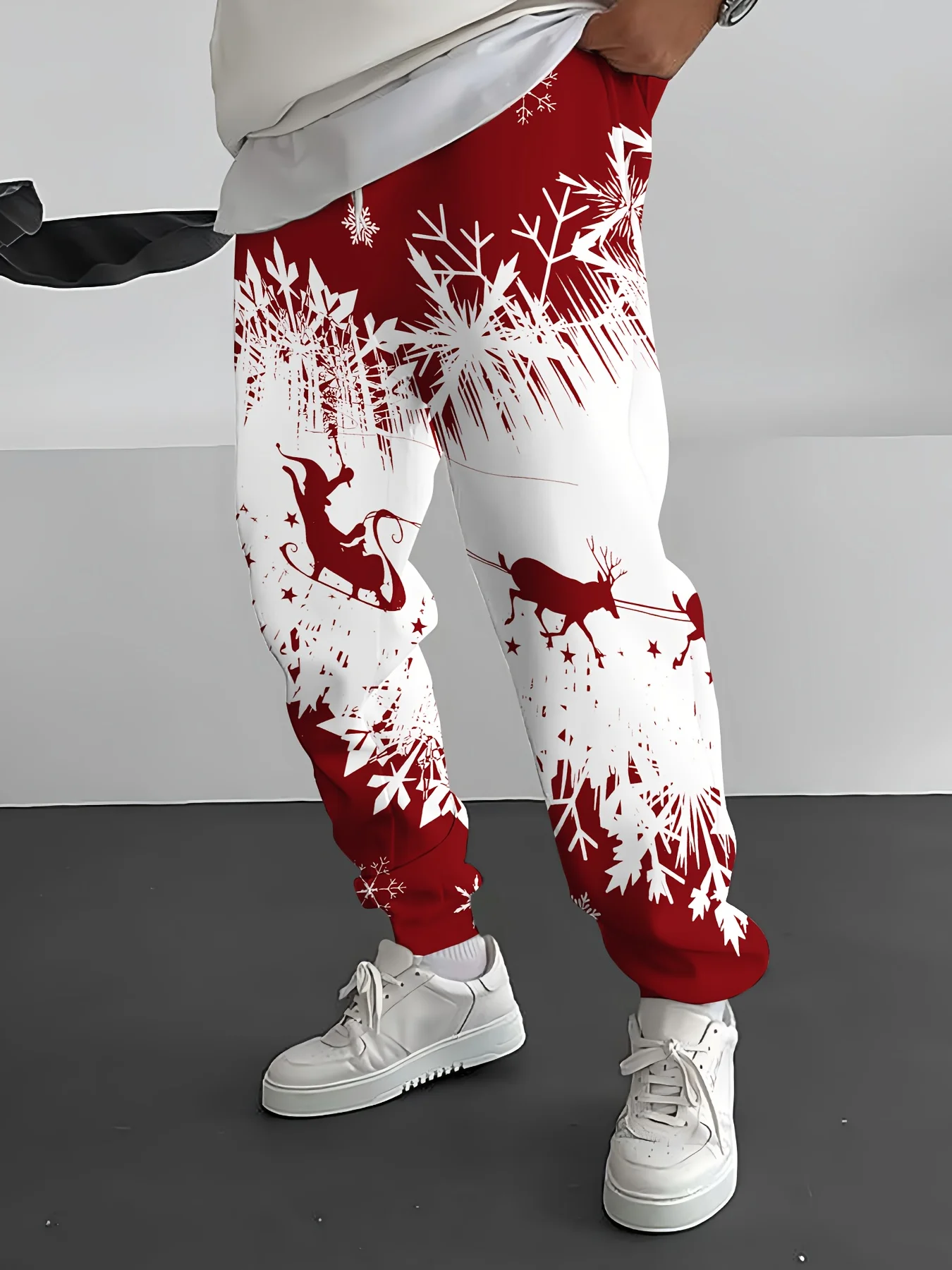 Men'S Christmas Pants with Santa, Reindeer & Tree Print - Red & White ...