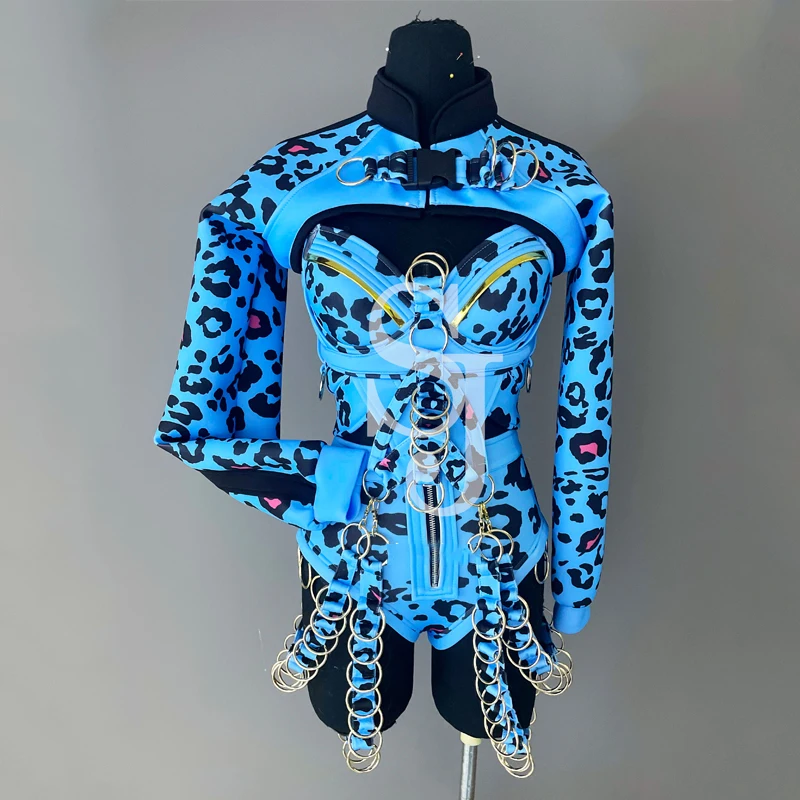 Sexy-Gogo-Dance-Clothing-Pole-Dance-Costume-Women-Blue-Leopard-Chain ...