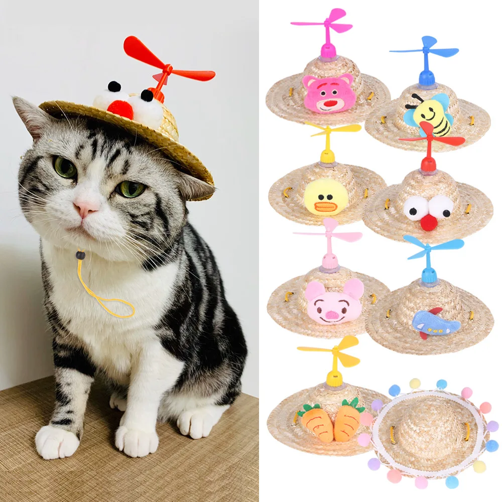 Handmade-Woven-Pet-Caps-Cute-Straw-Sun-Hat-Pet-Dog-Cat-Adjustable-Strap ...