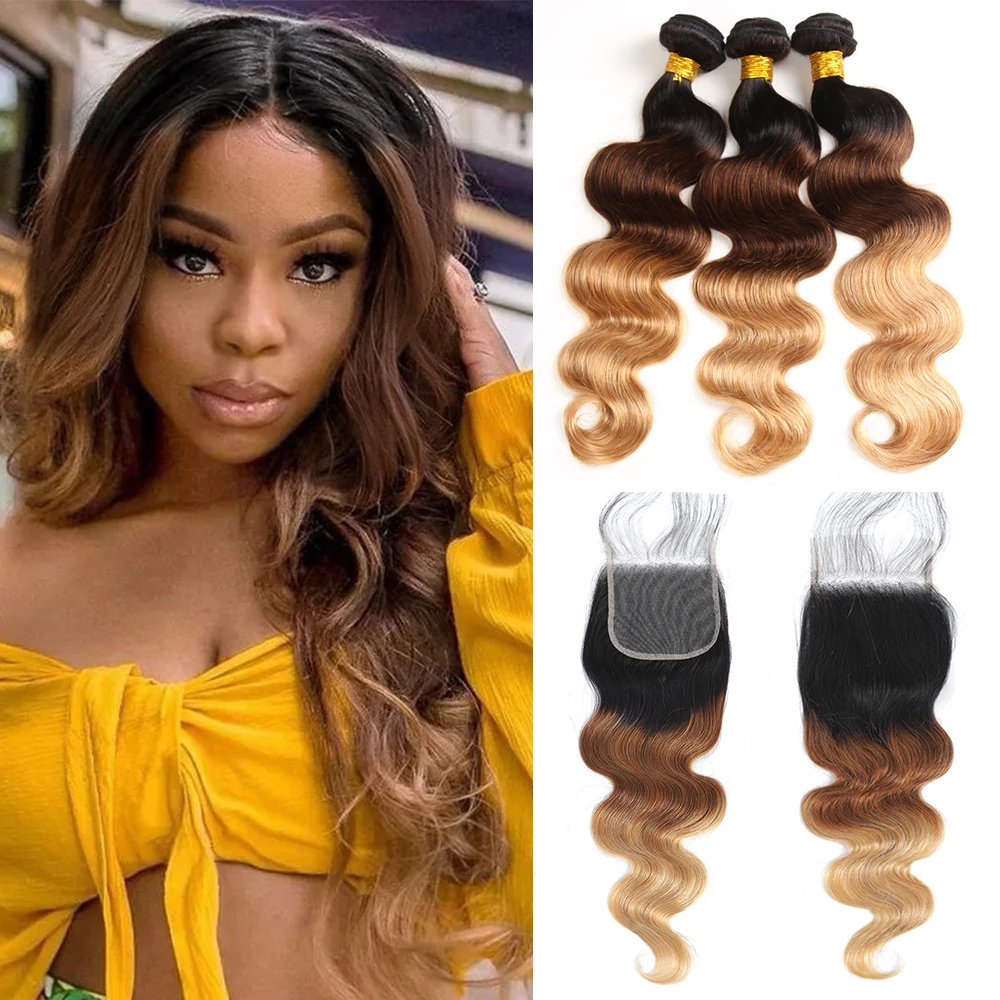 Colored Brazilian Body Wave Hair Weave Bundles With Closure Blonde 1b/4 ...