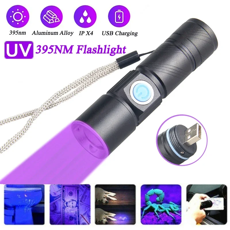 Rechargeable-LED-UV-Flashlight-Zoomable-Ultraviolet-Torch-Mini-395nm-UV-Black-Light-Pet-Urine ...