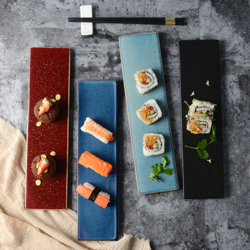 Ceramic Kiln Sushi Plate Flat Cake Dessert Plate Japanese Sashimi Long ...