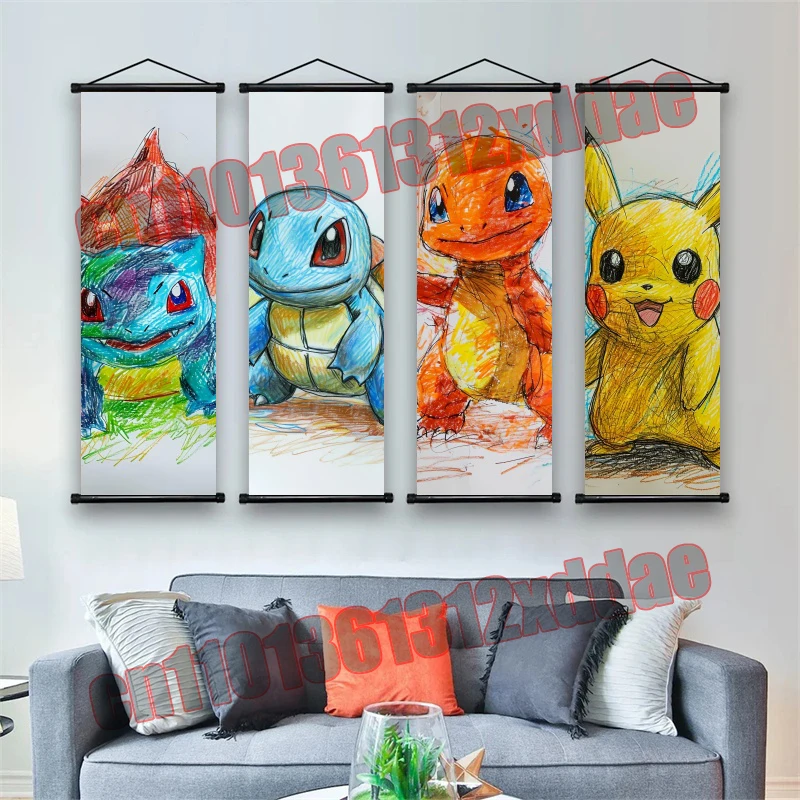 Pokemon Poster, Pikachu, Squirtle, Bulbasaur, Art White Canvas Scroll ...