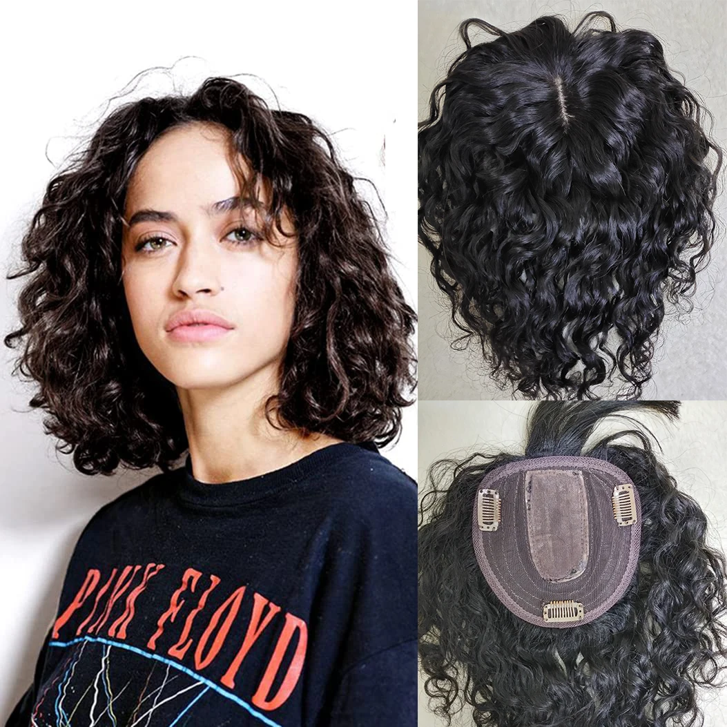 Natural Black Hair Topper Hairpieces with Bangs for Women Silk Base ...