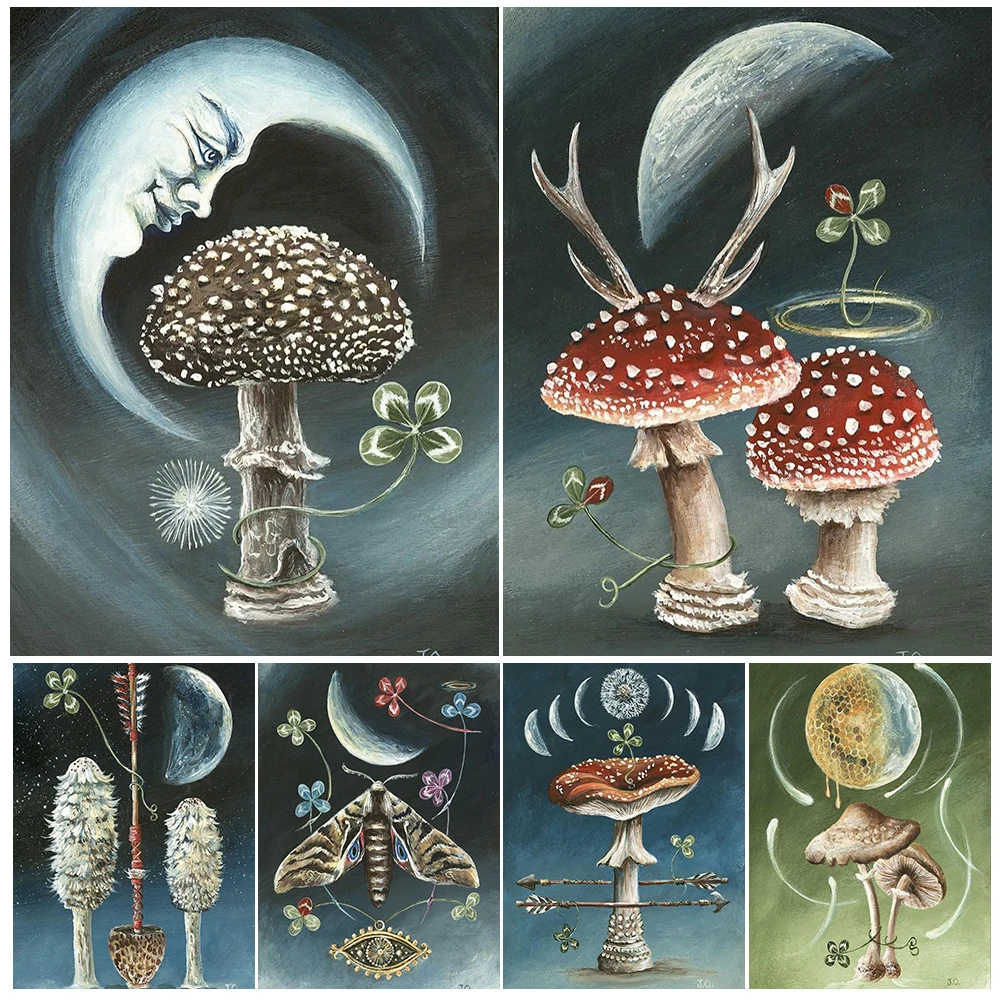 Psychedelic-Mushrooms-Moths-And-Moon-Phases-Vintage-Wall-Art-Canvas ...
