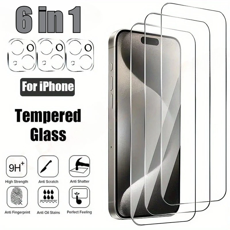 6 in 1 Tempered Glass Screen Protector Film for iPhone 17 Air 16 15 Pro ...