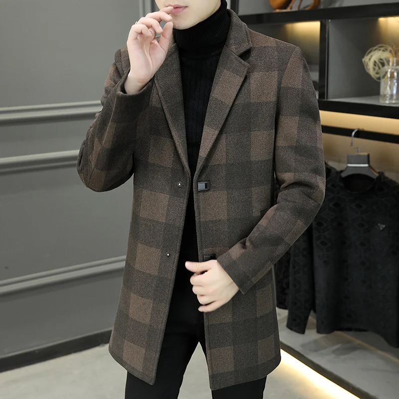 남성용 양모 오버코트 롱 패션 잘 생긴 울 트렌치 코트 트렌드 격자 무늬 모직 코트 가을 겨울 신상