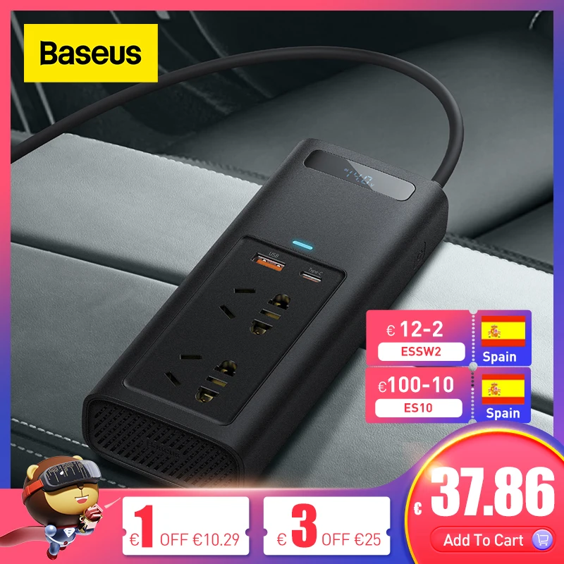 Baseus Inversor de corriente para coche, Cargador rápido USB tipo C de 150W, cc 12V a CA 220V ...