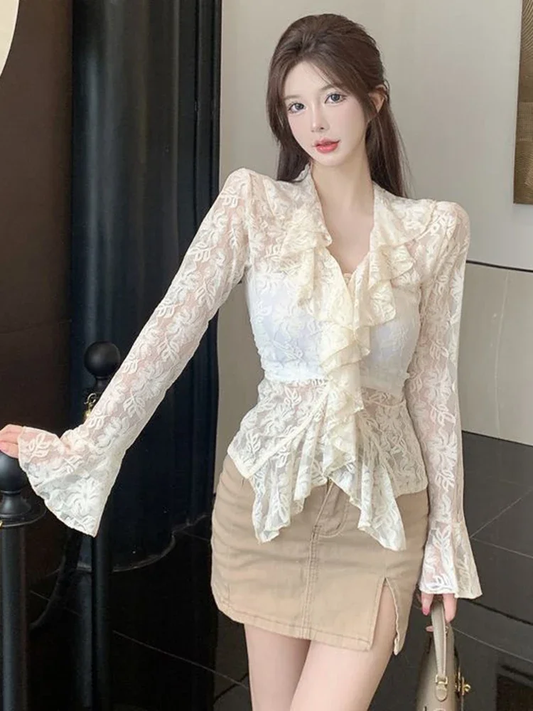 Camisa-de-encaje-transparente-Sexy-para-mujer-blusa-delgada-ahuecada ...