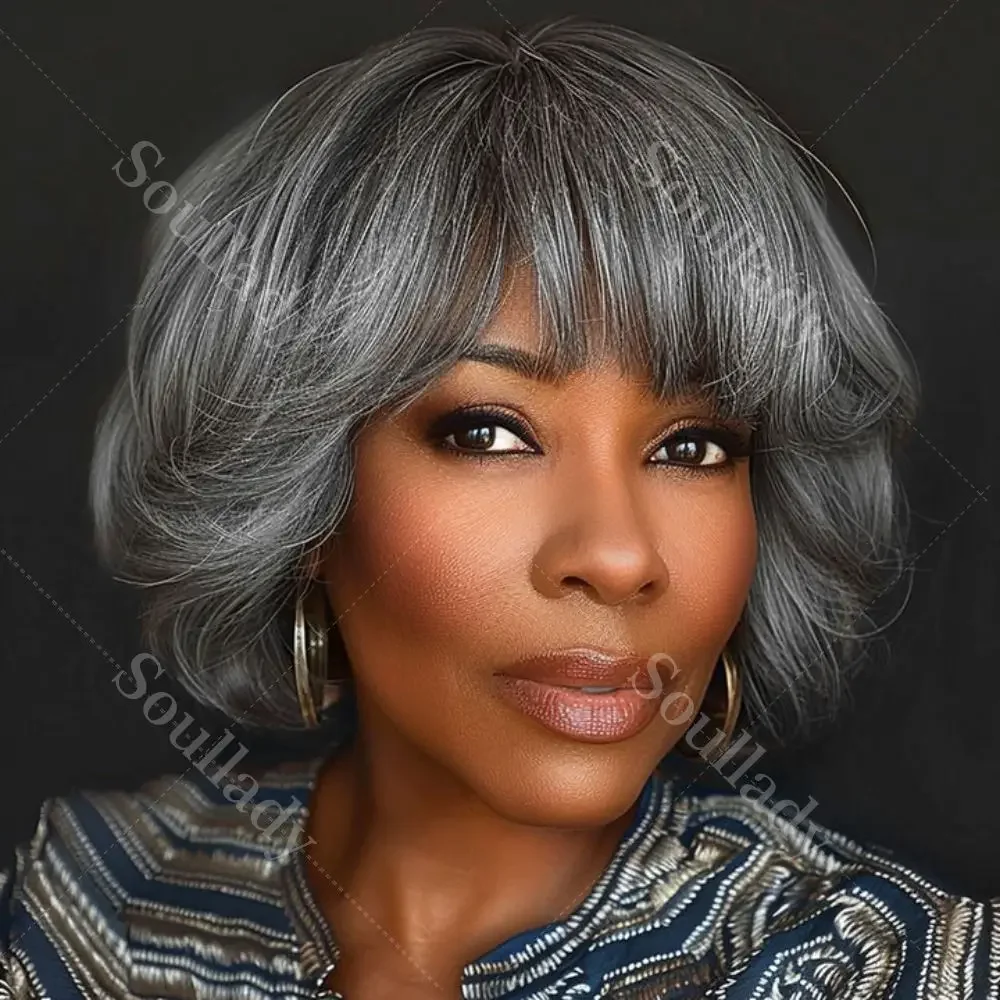 Wig Secret Salt and Pepper Short Bob Wig With Bangs Natural Wavy Human ...